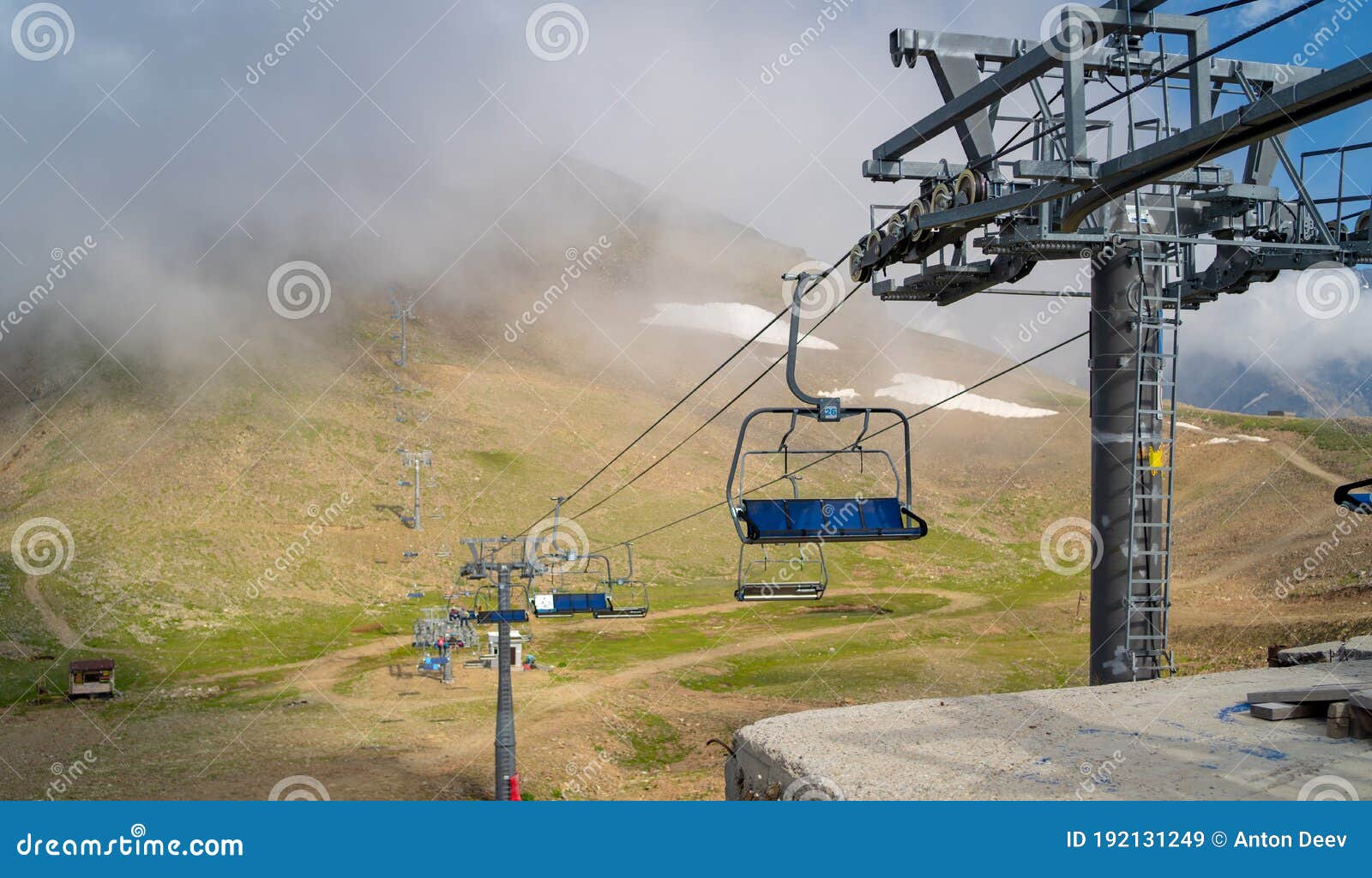 Close Up of Cableway in Clouds. Clouds Enveloping Modern Ropeway with ...