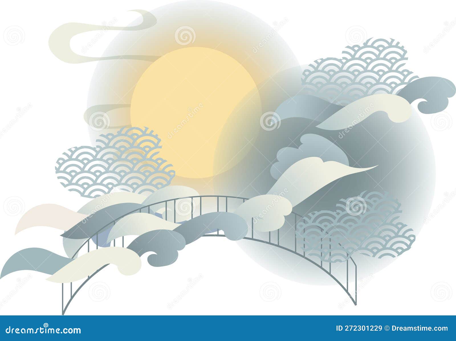 Clouds, Full Moon and Bridge in Asian Style Design Background Stock ...