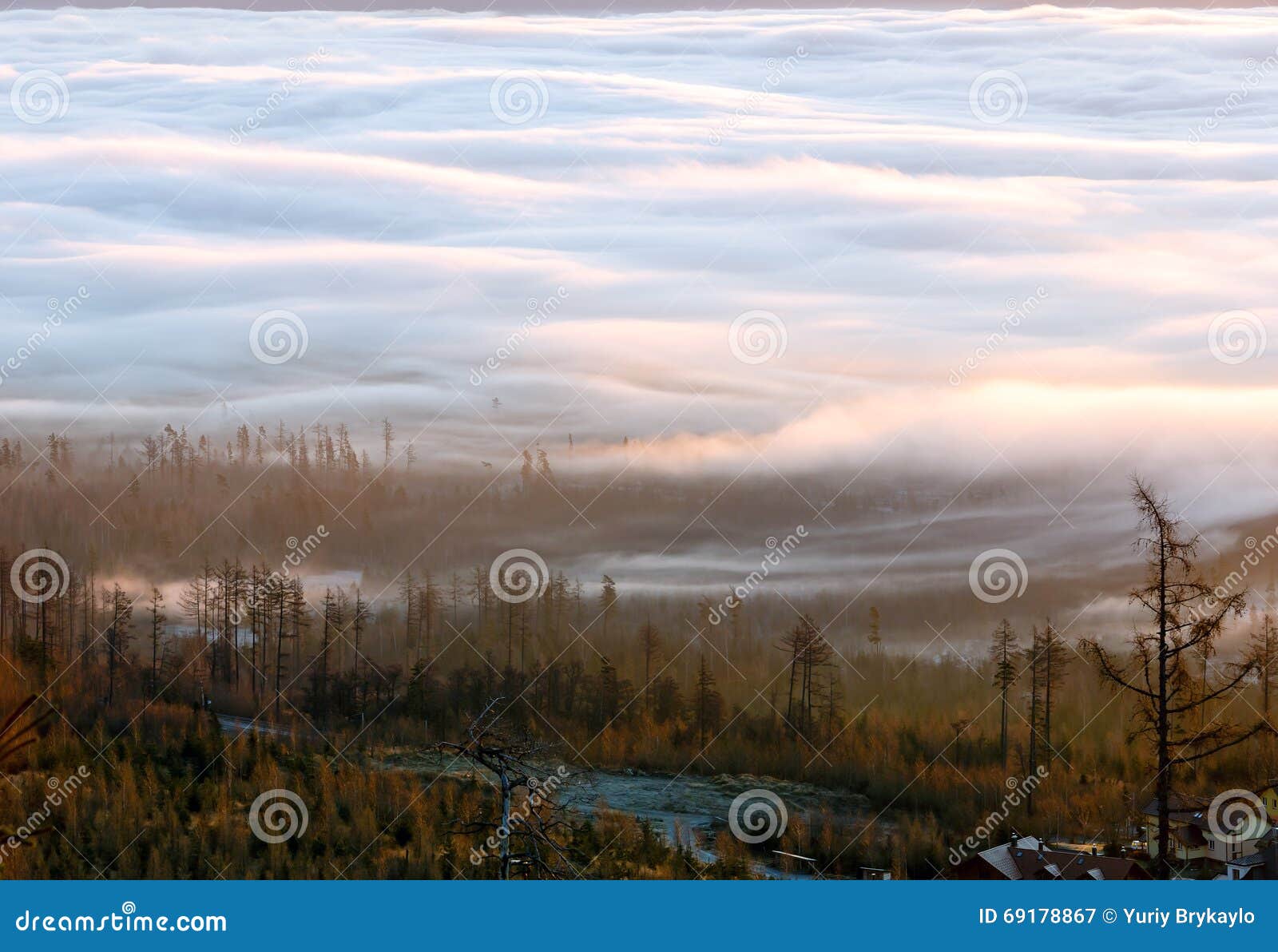 Clouds Illuminated by Morning Sun Over Valley. Stock Image - Image of ...