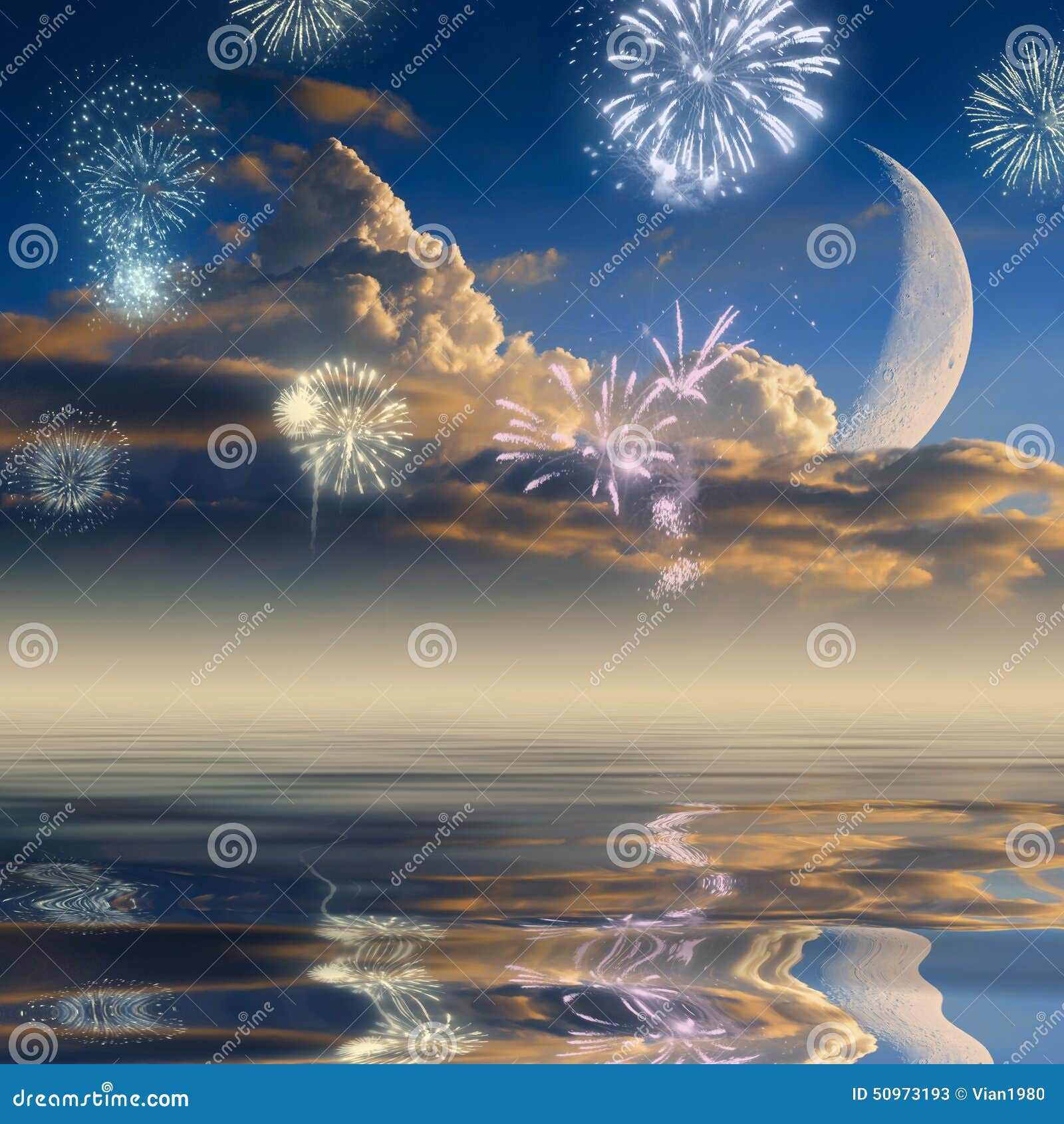 Clouds, Moon & Fireworks Stock Image - Image of party, july: 50973193