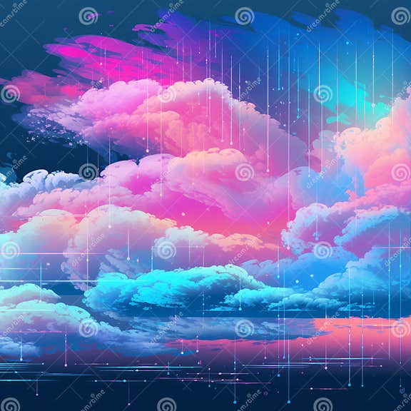 Clouds and Rain in the Sky with Neon Lights Stock Illustration ...