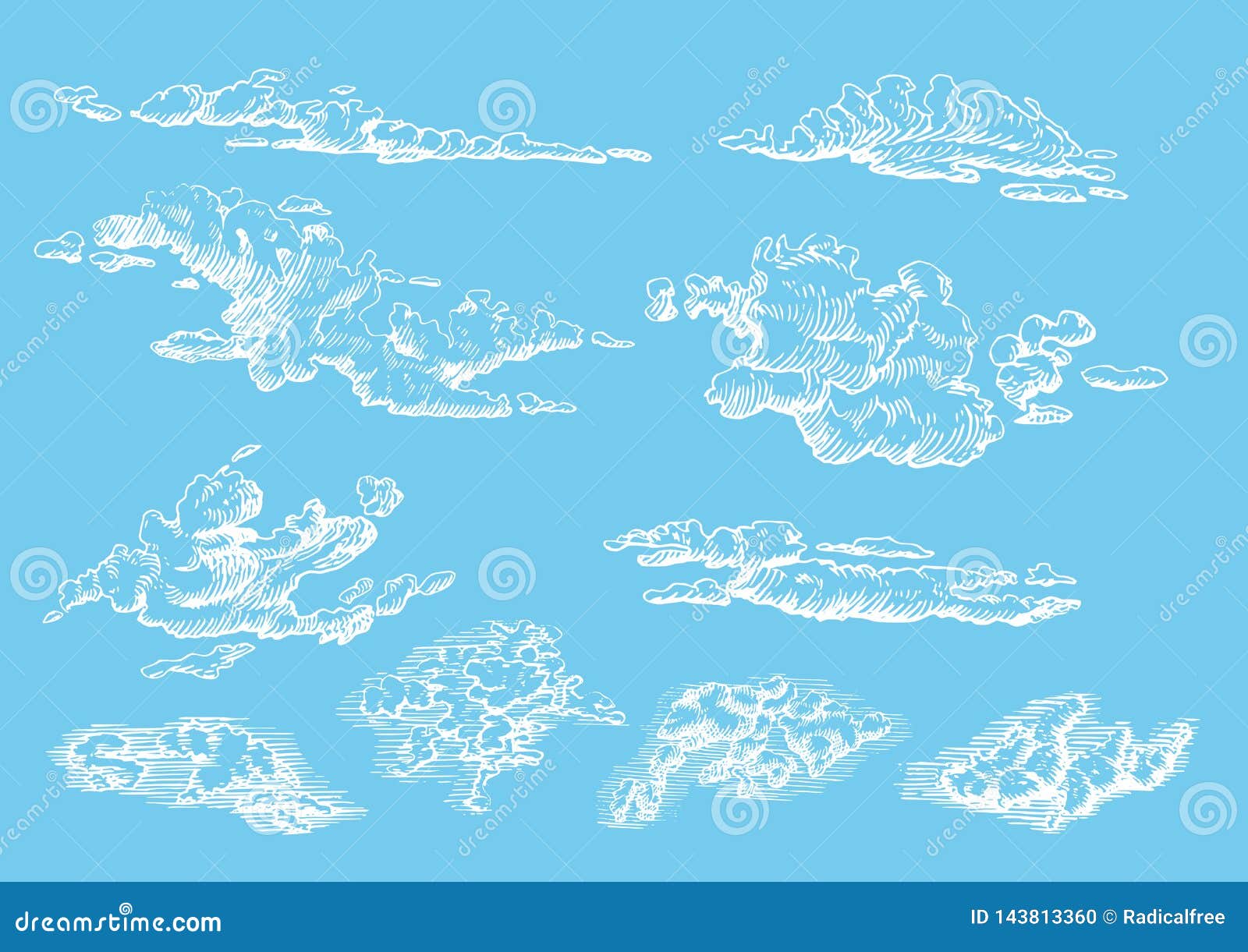 Clouds Set, Hand Drawn in Engraving Style. Vector Graphic Illustration ...