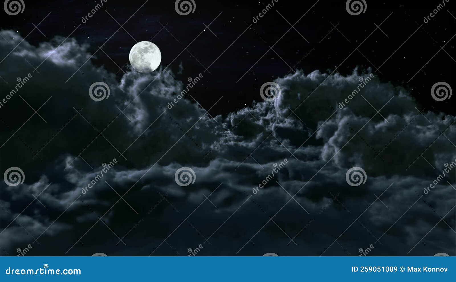 Flying through the Cinematic Night Clouds with Full Moon Background ...