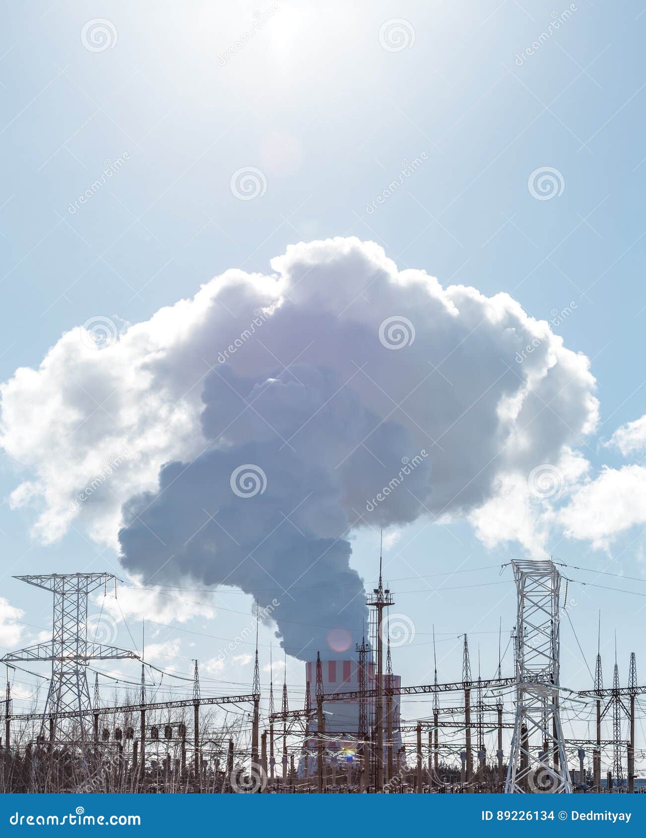 Clouds of Thick Smoke NPP Nuclear Power Plant in Rays of Bright ...