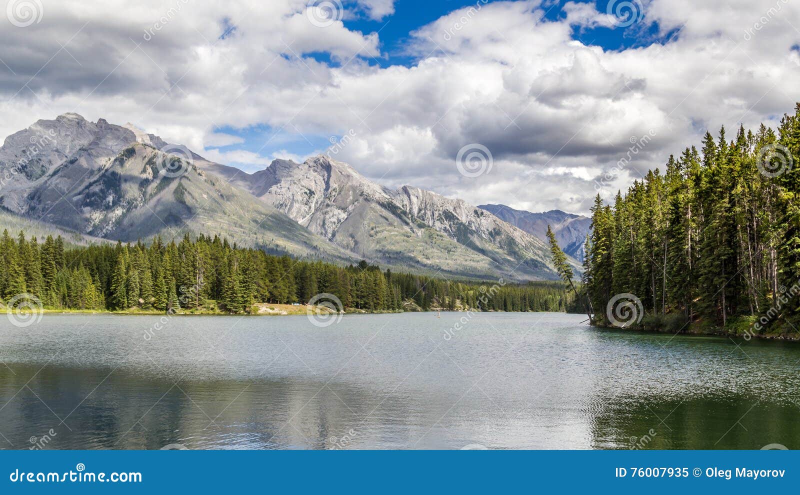 Cloudy Day at Johnson Lake Surface - Banff Alberta Stock Image - Image ...