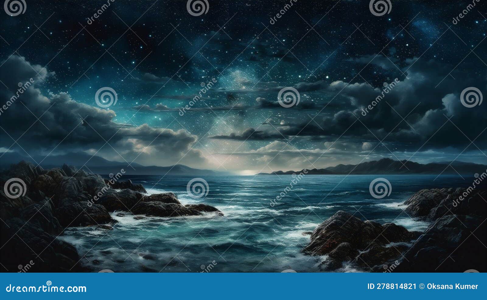 Cloudy Night Ocean Landscape with the Moon and Stars. AI Generated ...