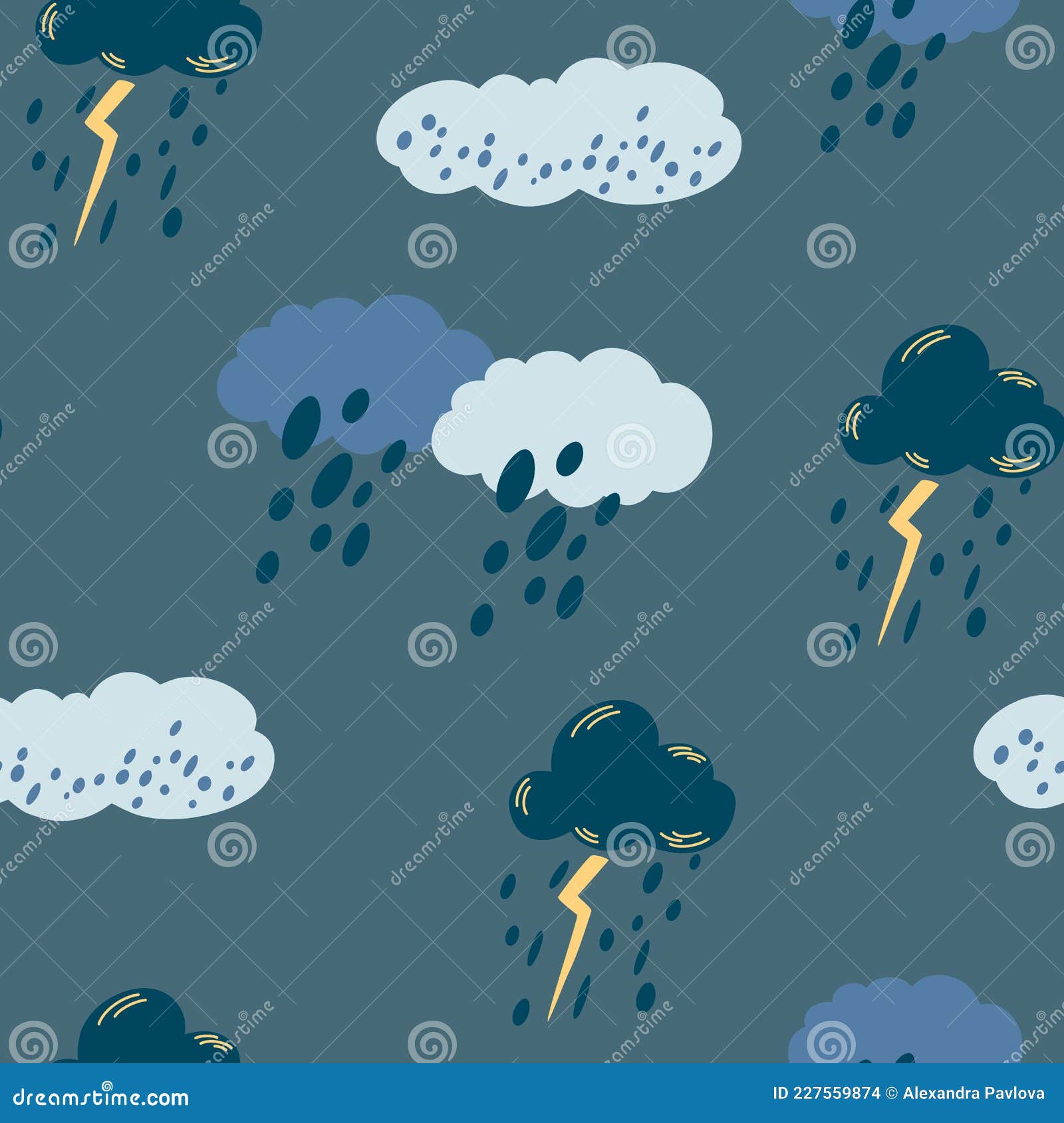 Cloudy Rainy Sky Seamless Pattern. Hand Draw Blue Clouds with ...