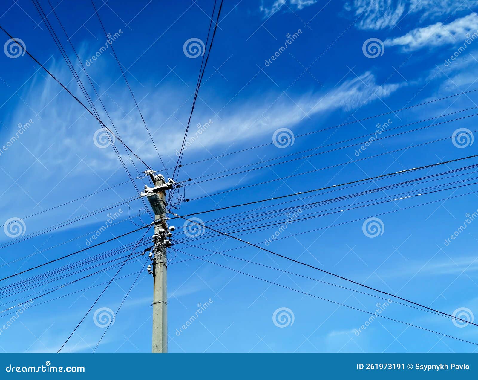 Cloudy Sky and Electric Pole with Wiring. a Pole with Wires Against a ...