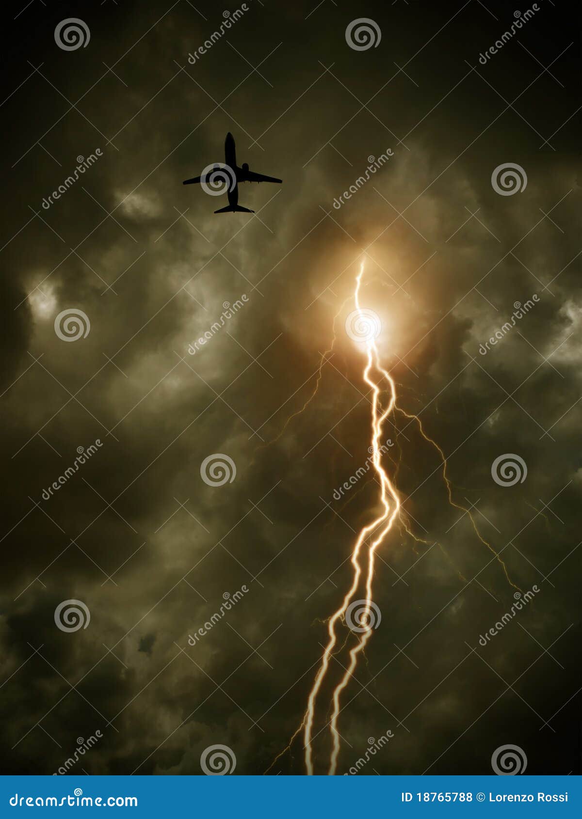 Cloudy Sky with Lightning and Flying Plane Stock Photo - Image of ...