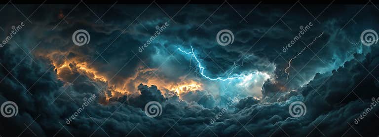 Cloudy Sky with Red and Blue Shades and Lightning Striking Down Stock ...