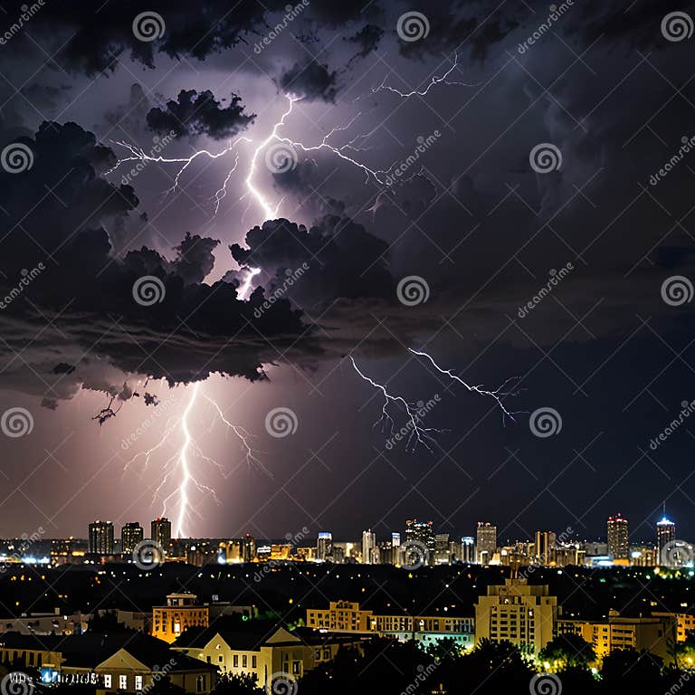 Cloudy Thunder Thunderstorm Lightning Bolt in the City Stock ...
