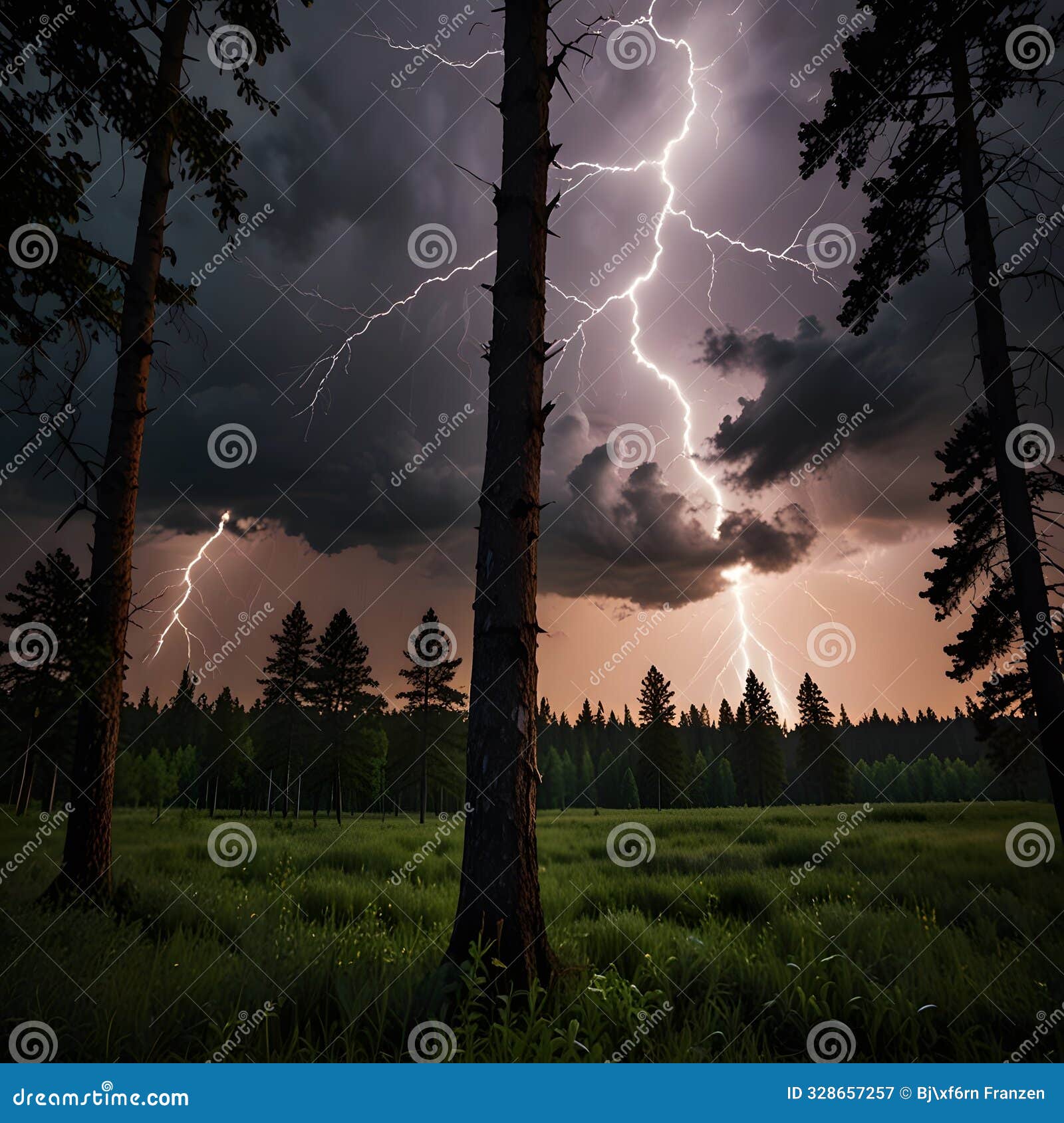 Cloudy Thunder Thunderstorm Lightning Bolt Forest Stock Illustration ...