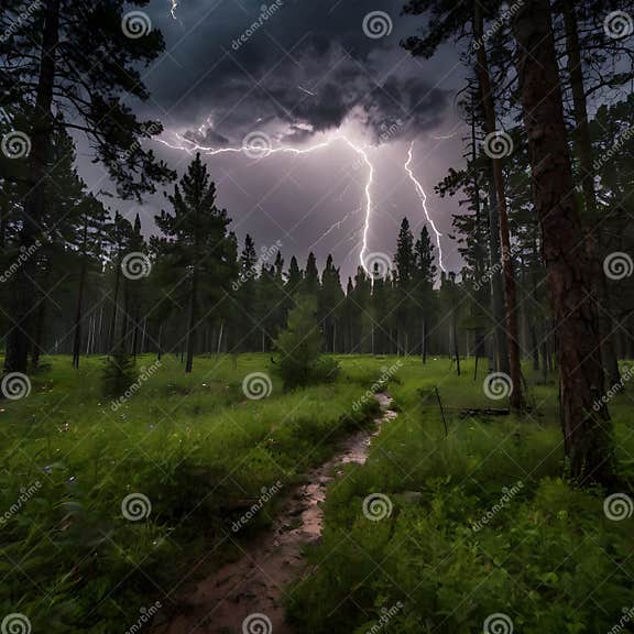 Cloudy Thunder Thunderstorm Lightning Bolt in the Forest Stock ...