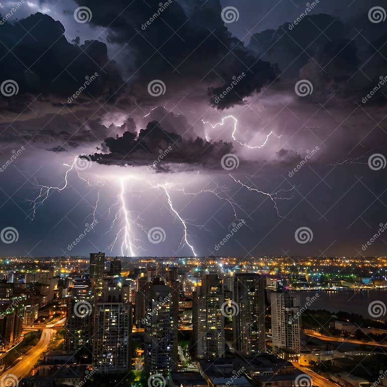 Cloudy Thunder Thunderstorm Lightning Bolt in the Town Stock ...