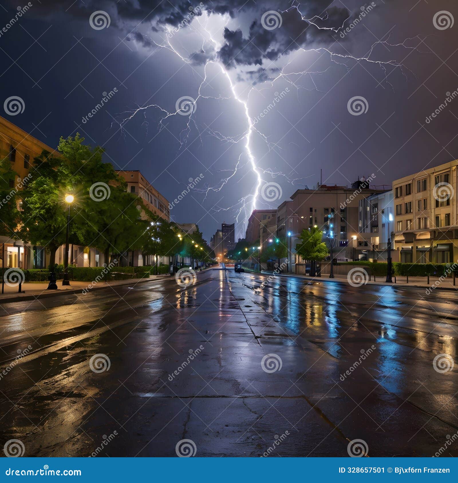 Cloudy Thunder Thunderstorm Lightning Bolt in the Town Stock ...