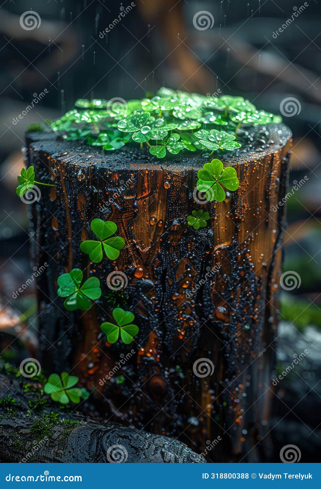 Clovers Growing on Tree Stump in the Rain Stock Photo - Image of stump ...