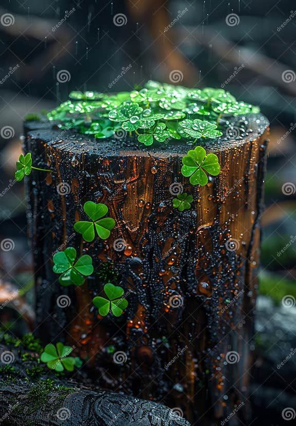 Clovers Growing on Tree Stump in the Rain Stock Photo - Image of stump ...