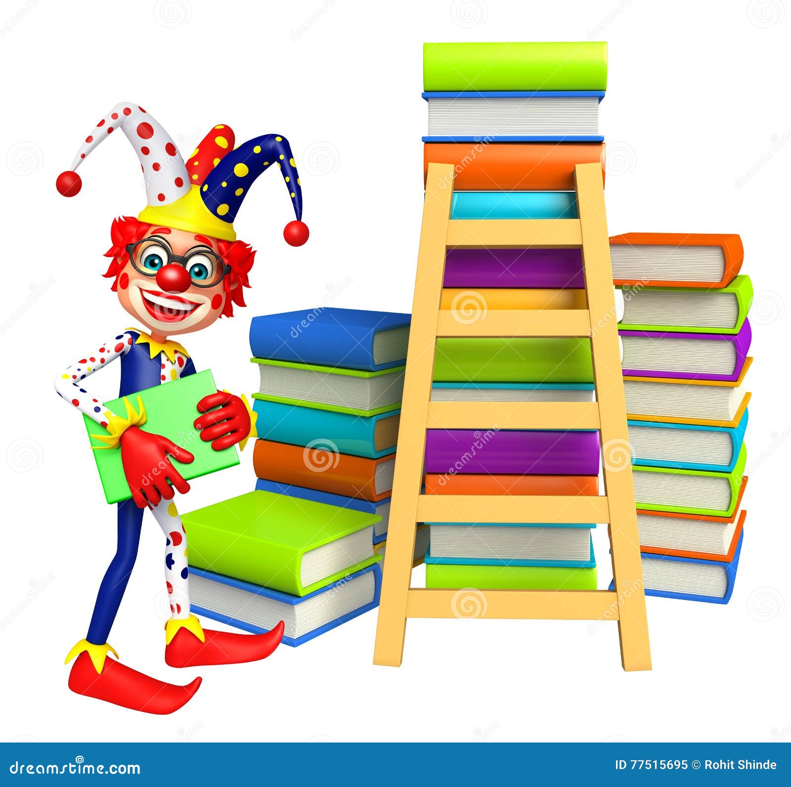 Clown with Book Stack and Ladder Stock Illustration - Illustration of ...