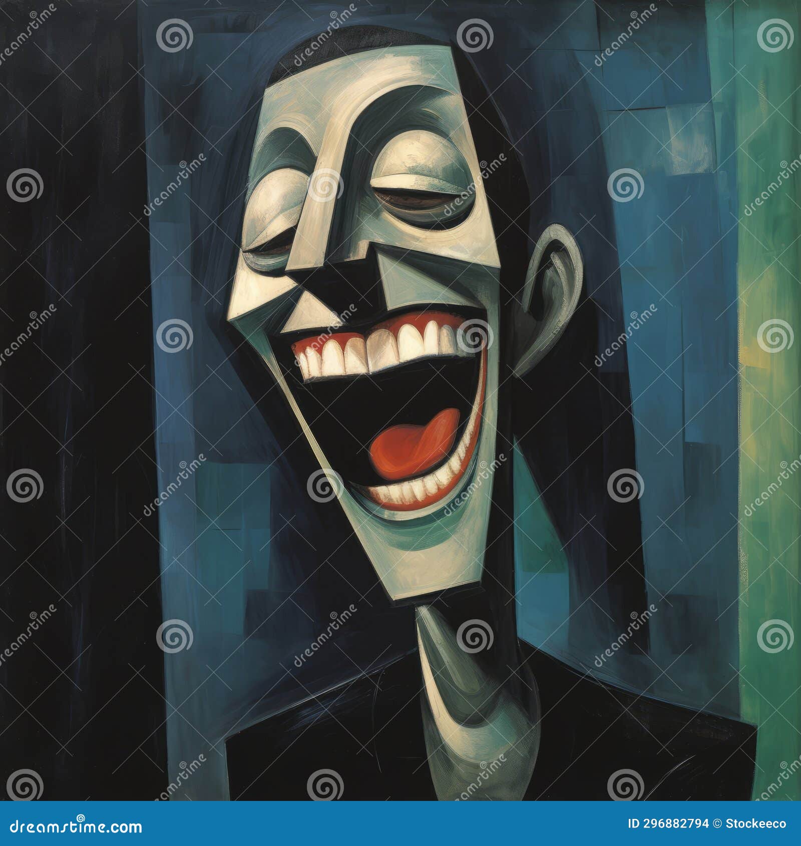 Sculpture Poster Laughing Man in Psychotic Cubism Style Stock ...