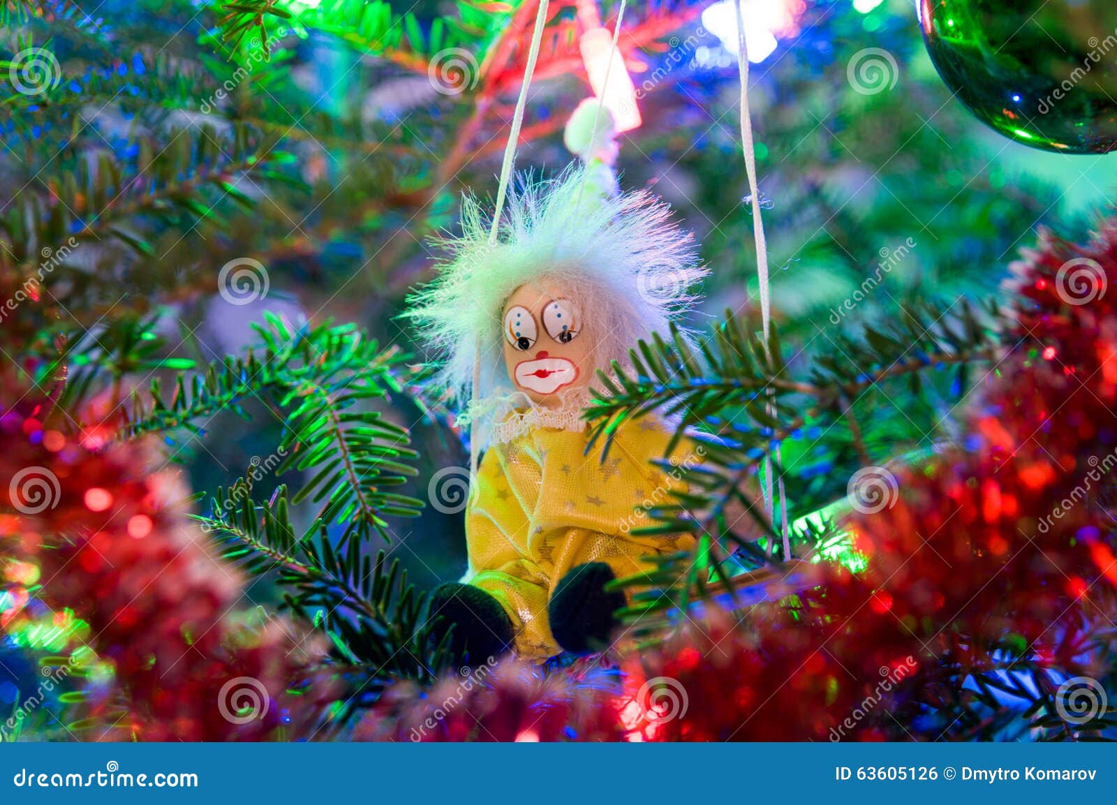 Clown Christmas-Tree Decorations on a Christmas-Tree Branch Stock Photo ...