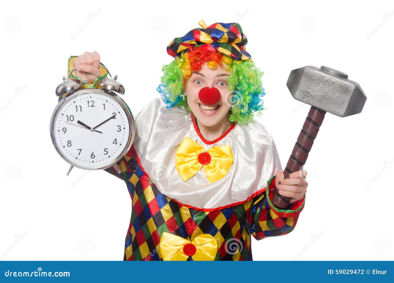 Clown with Clock and Hammer Isolated on White Stock Photo - Image of ...