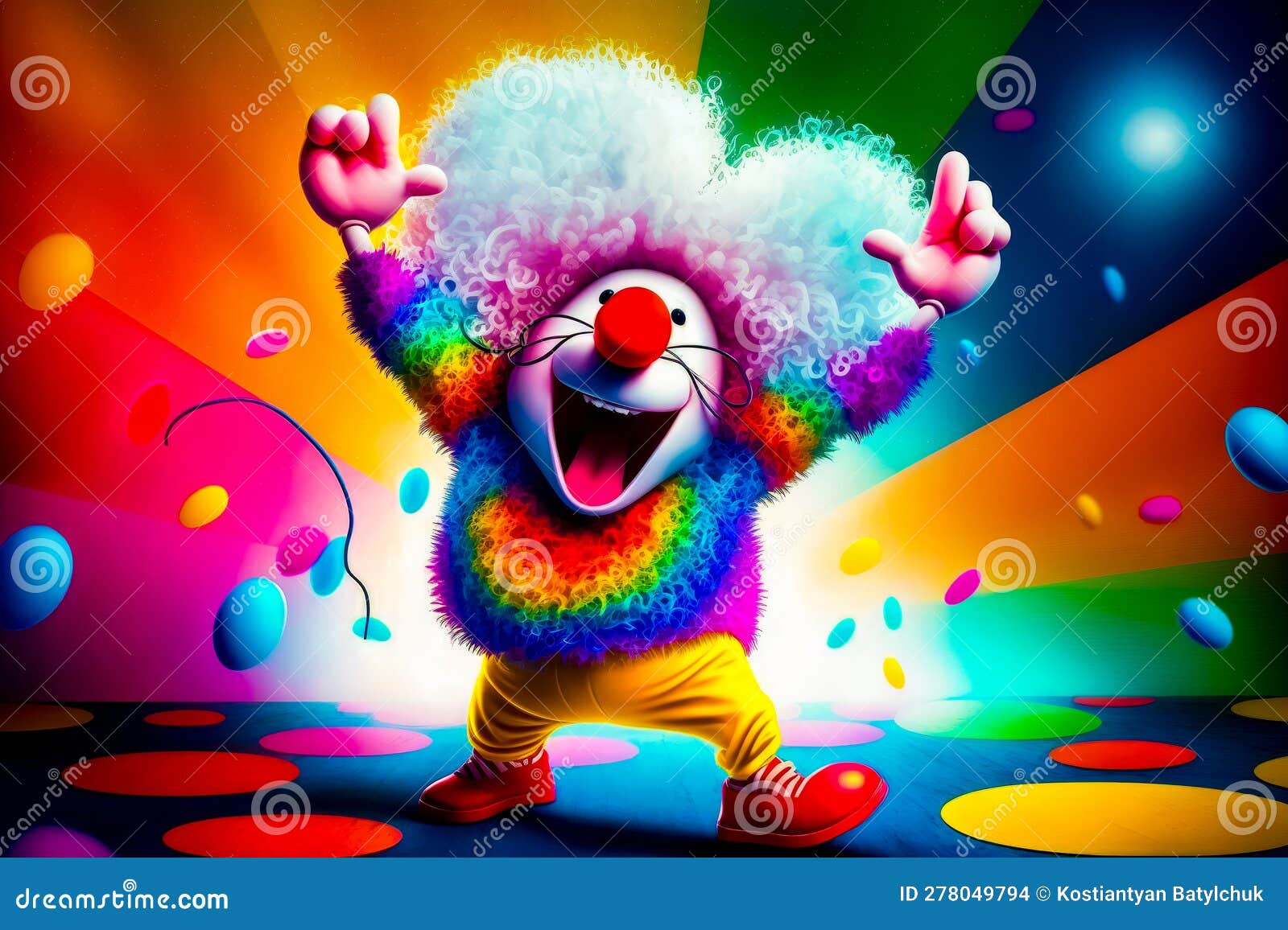 Clown is Dancing in Brightly Colored Clown Costume with His Hands in ...
