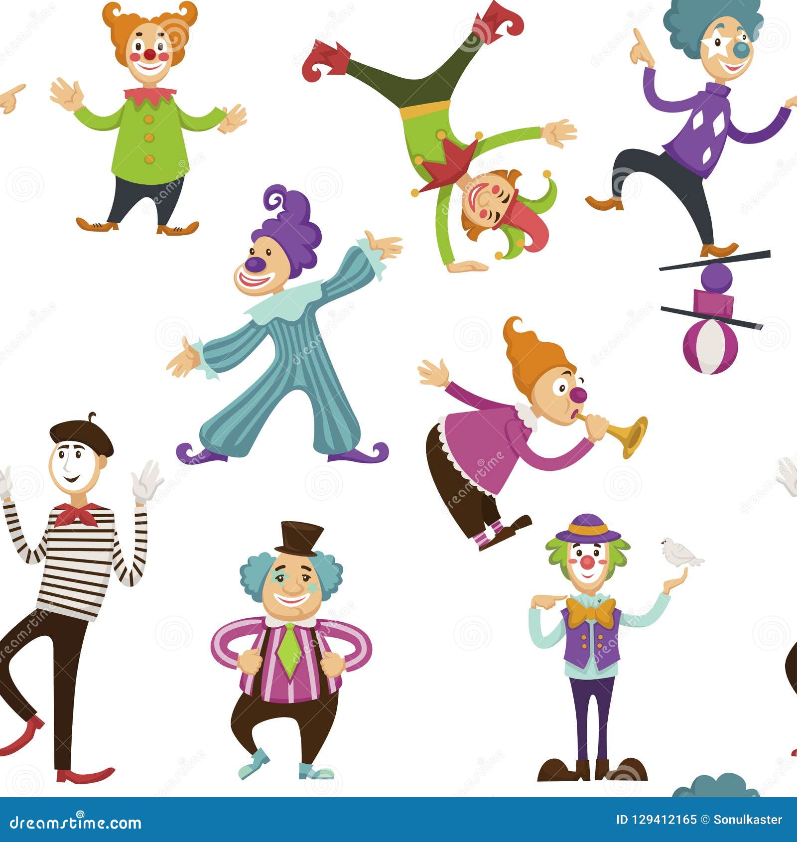 Clown and Mime Entertaining People Seamless Pattern Vector. Stock ...