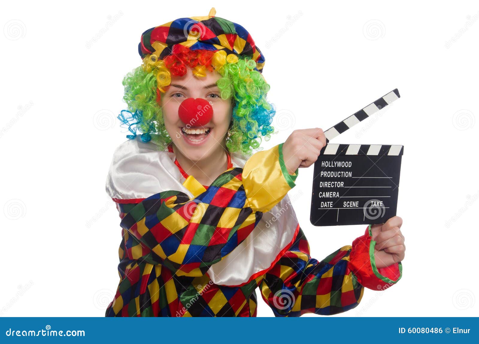 Clown with Movie Clapper Isolated on White Stock Photo - Image of comic ...