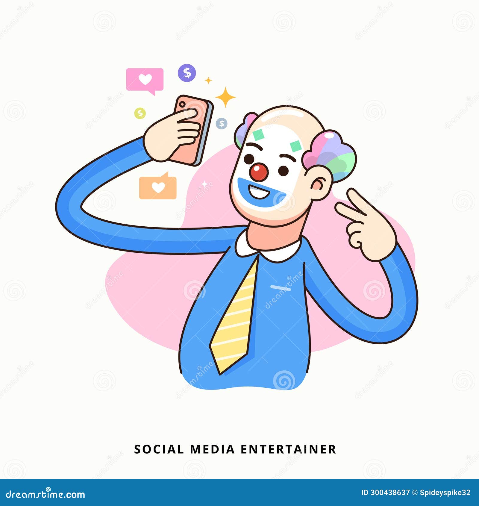 A Clown Pose in Front of His Smartphone. Vector Illustration Stock ...