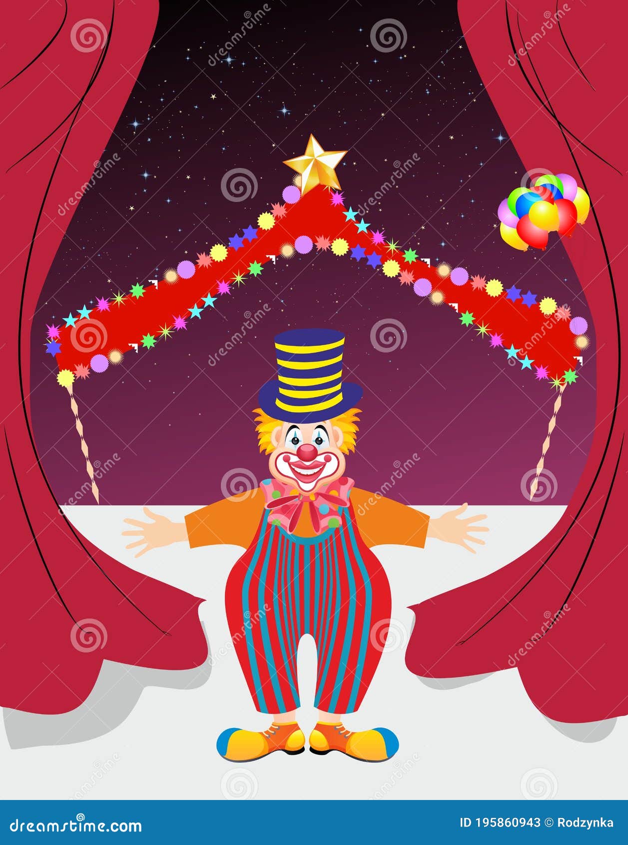 Clown on stage stock illustration. Illustration of person - 195860943