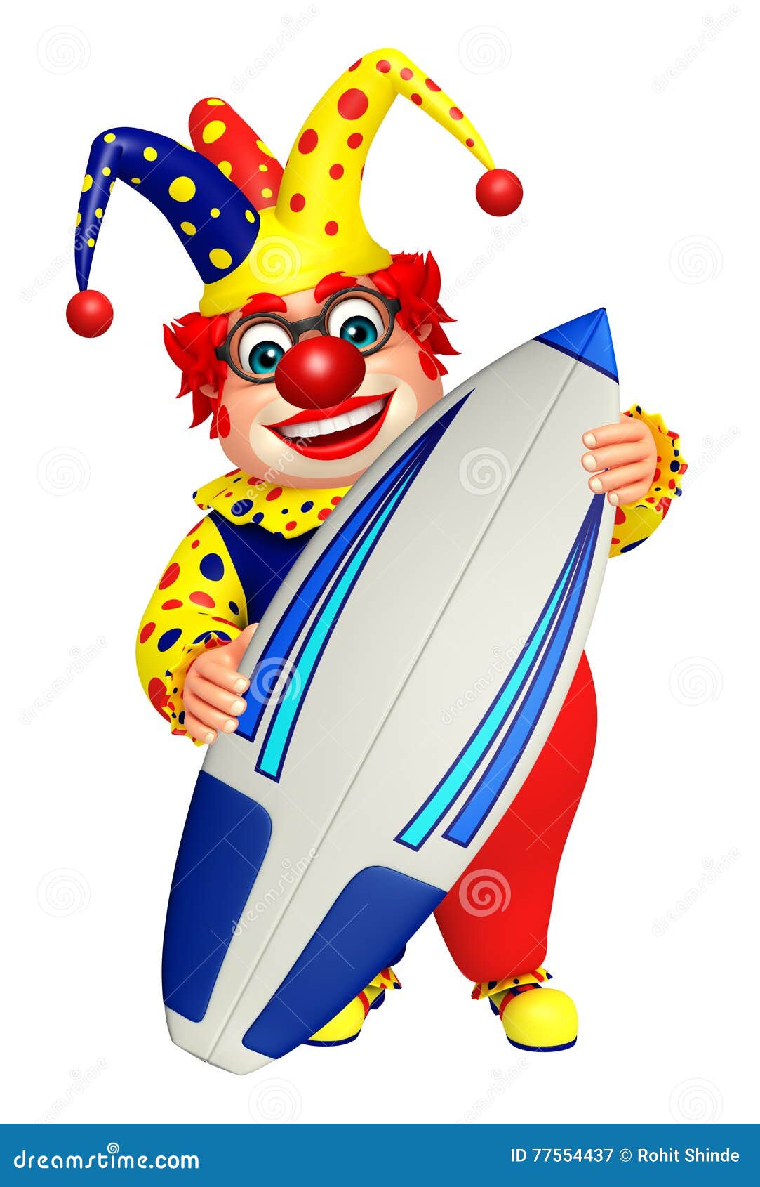 Clown with Surfboard stock illustration. Illustration of comic - 77554437