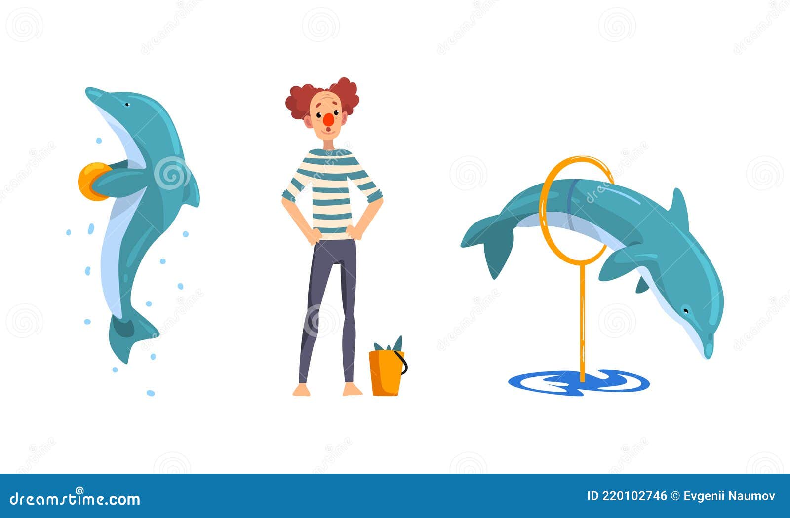 Clown Training Dolphins in Dolphinarium or Oceanarium Cartoon Vector ...