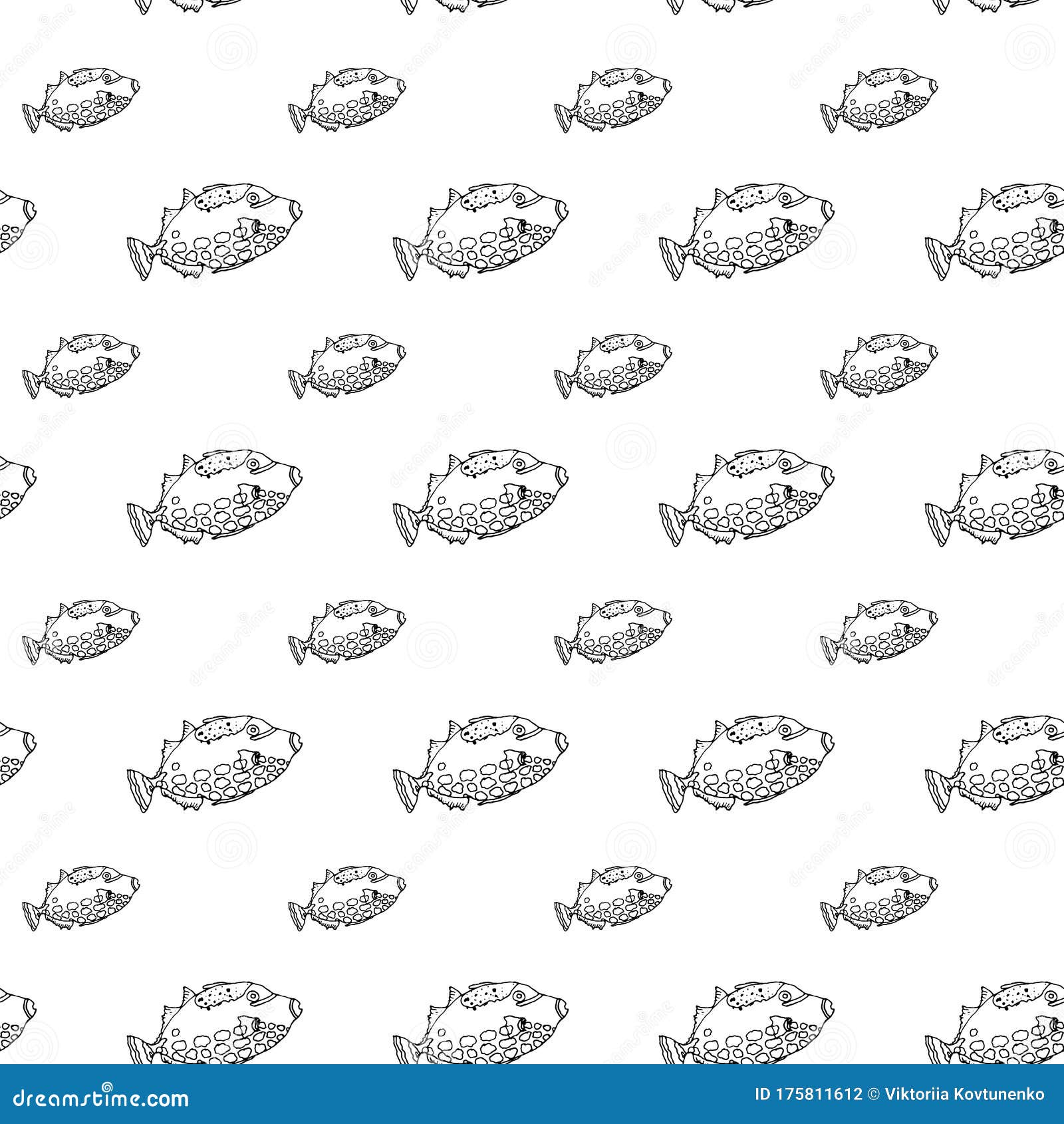 Clown Trigger Fish. Hand Drawing Sketch. Black Outline On White ...