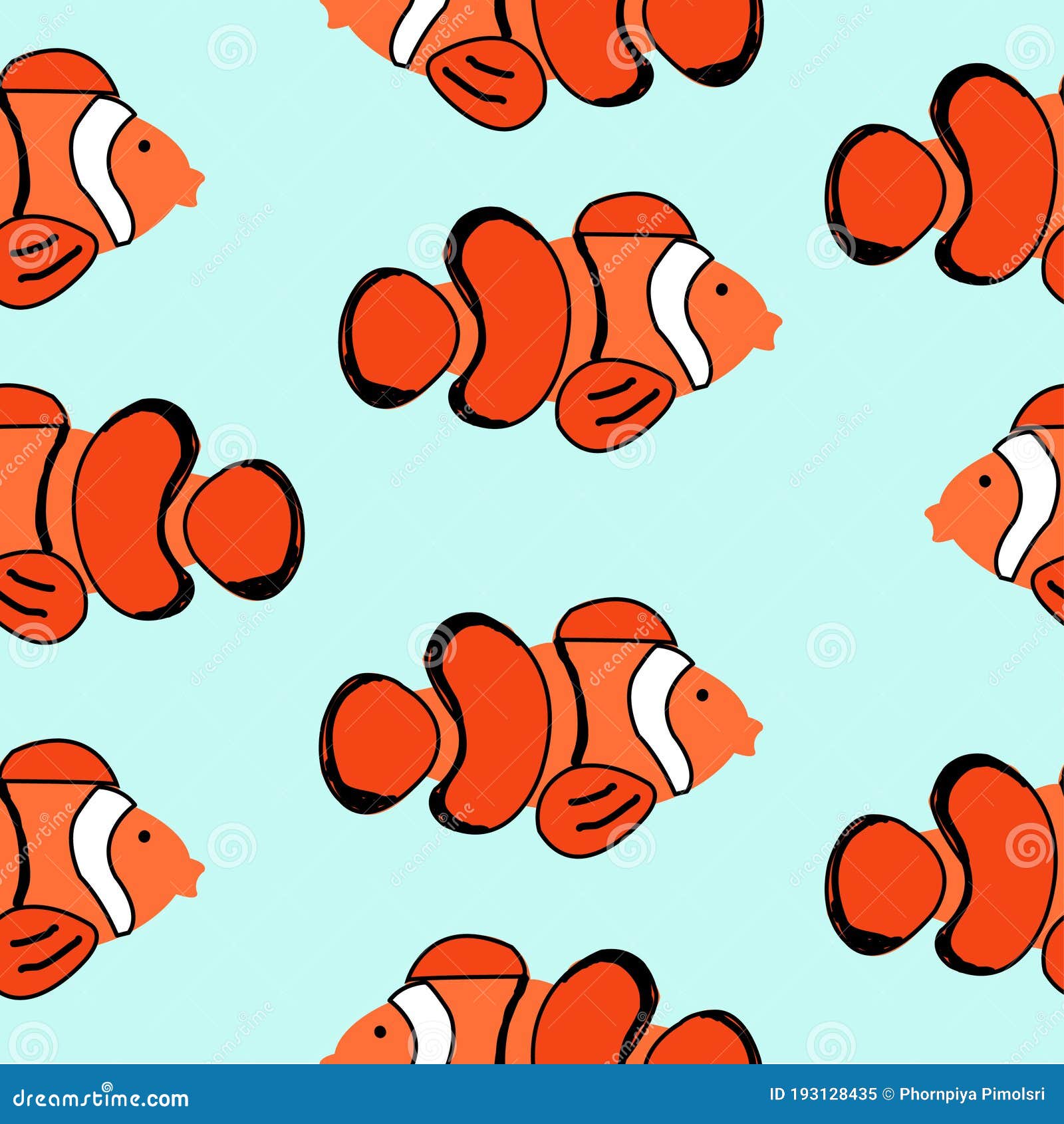 Clownfish Hand Drawn Seamless Pattern on Light Blue Background Stock ...