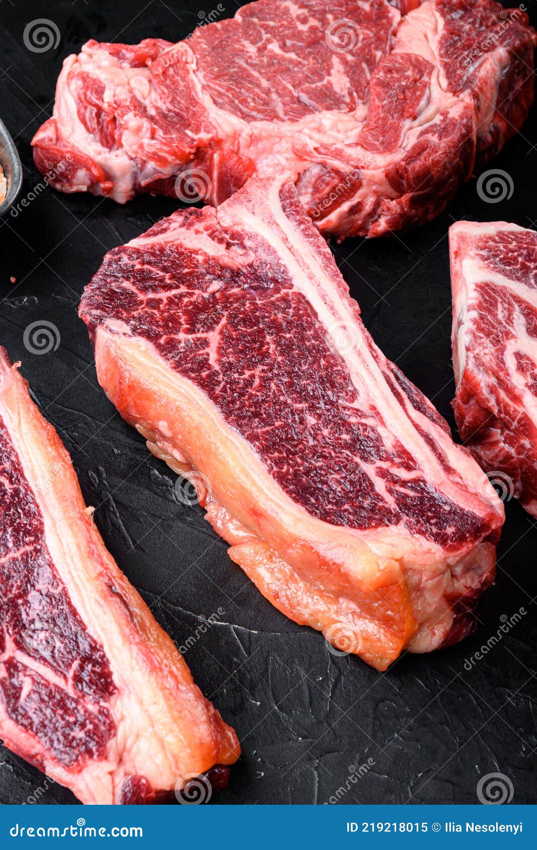 Club Steak Raw Marbled Beef Meat, on Black Stone Background Stock Image ...