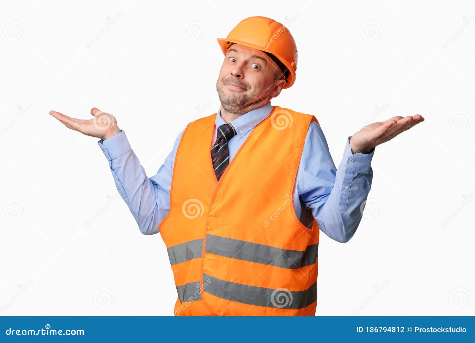 Clueless Builder Worker Shrugging Shoulder Over White Background ...