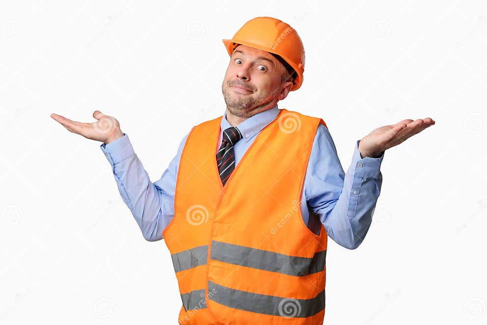 Clueless Builder Worker Shrugging Shoulder Over White Background ...