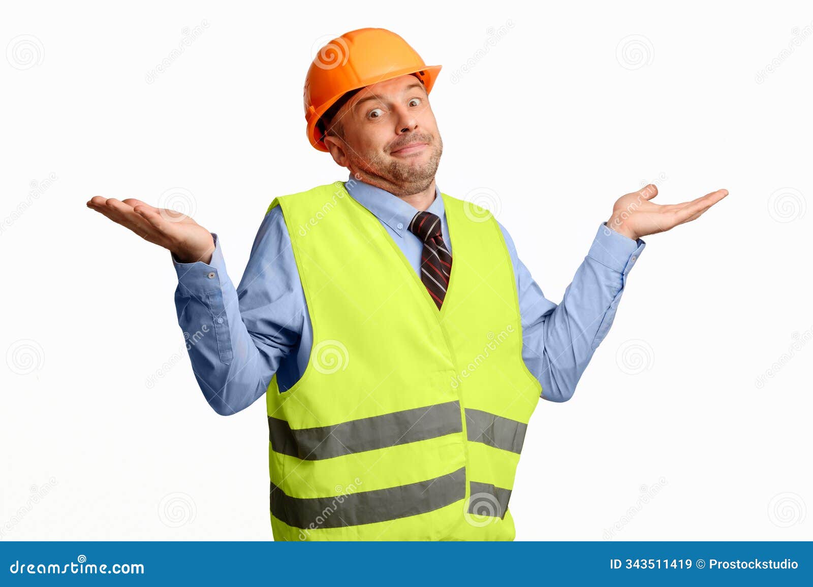 Clueless Builder Worker Shrugging Shoulder Over White Background ...