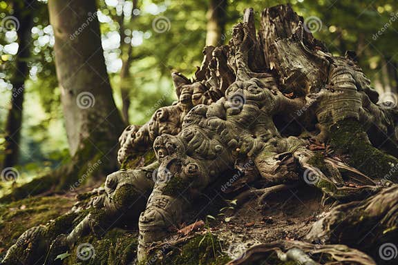 A Clump of Tangled Roots Emerging from a Tree Trunk Stock Illustration ...
