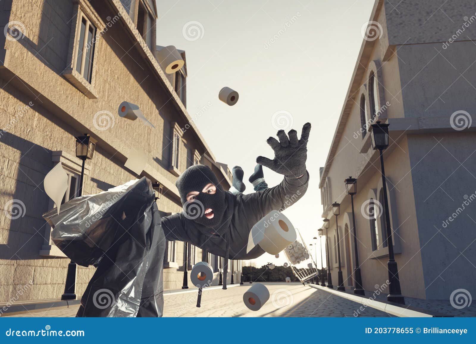 Clumsy Thief with Flying Toilet Rolls Slipping and Falling Stock Image ...