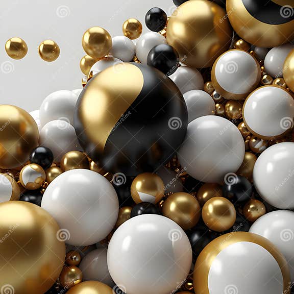 Cluster of Abstract Spheres and Solids Gold White and Black Stock Image ...