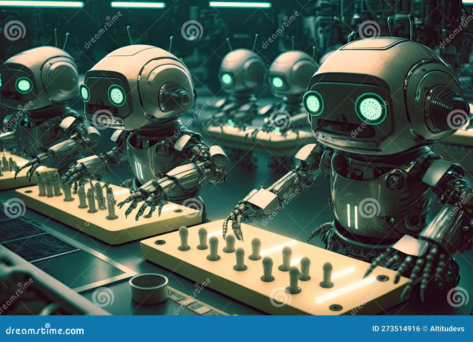 Cluster of Androids, Each Performing Different Task in Futuristic ...