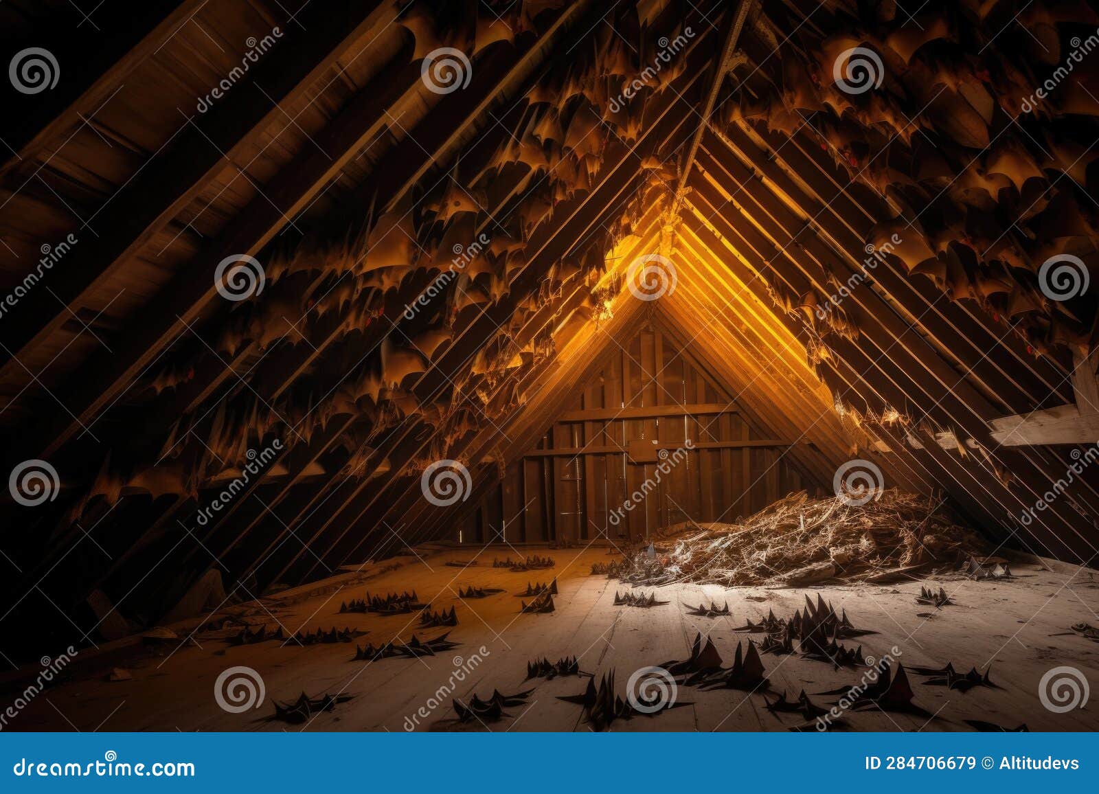 Cluster of Bats Nestled in Attic Eaves Stock Image - Image of roosting ...