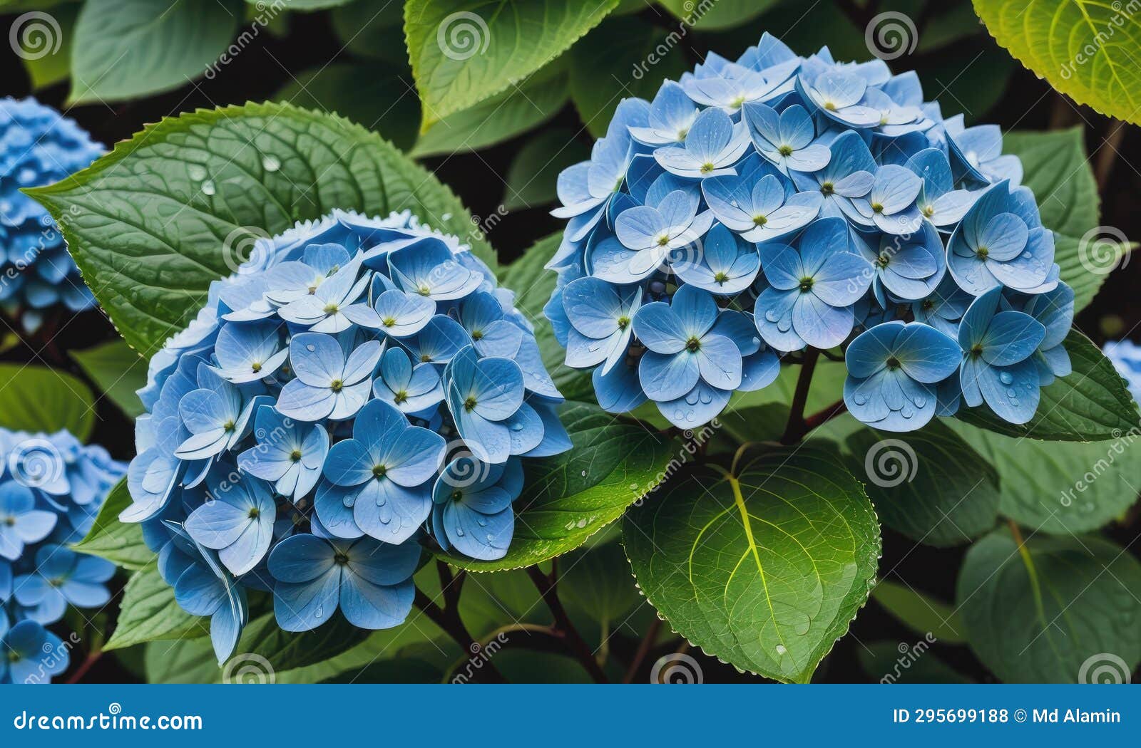 A Cluster of Blue Hydrangea Flowers with Dew Drops Stock Illustration - Illustration of herb ...
