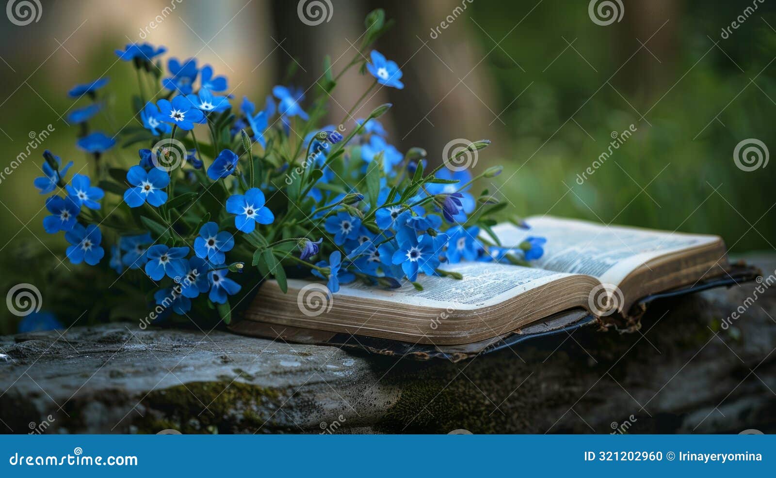 Forget-Me-Nots and Open Bible on Stone Bench Stock Photo - Image of ...