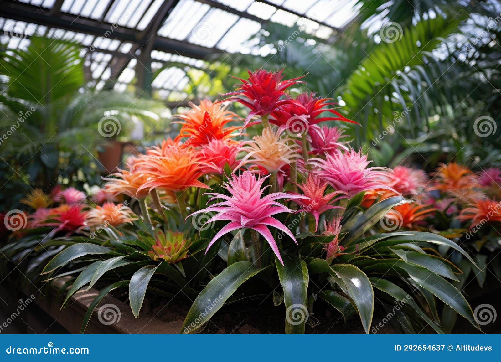 A Cluster of Bright Bromeliads in a Tropical Greenhouse Stock Image ...
