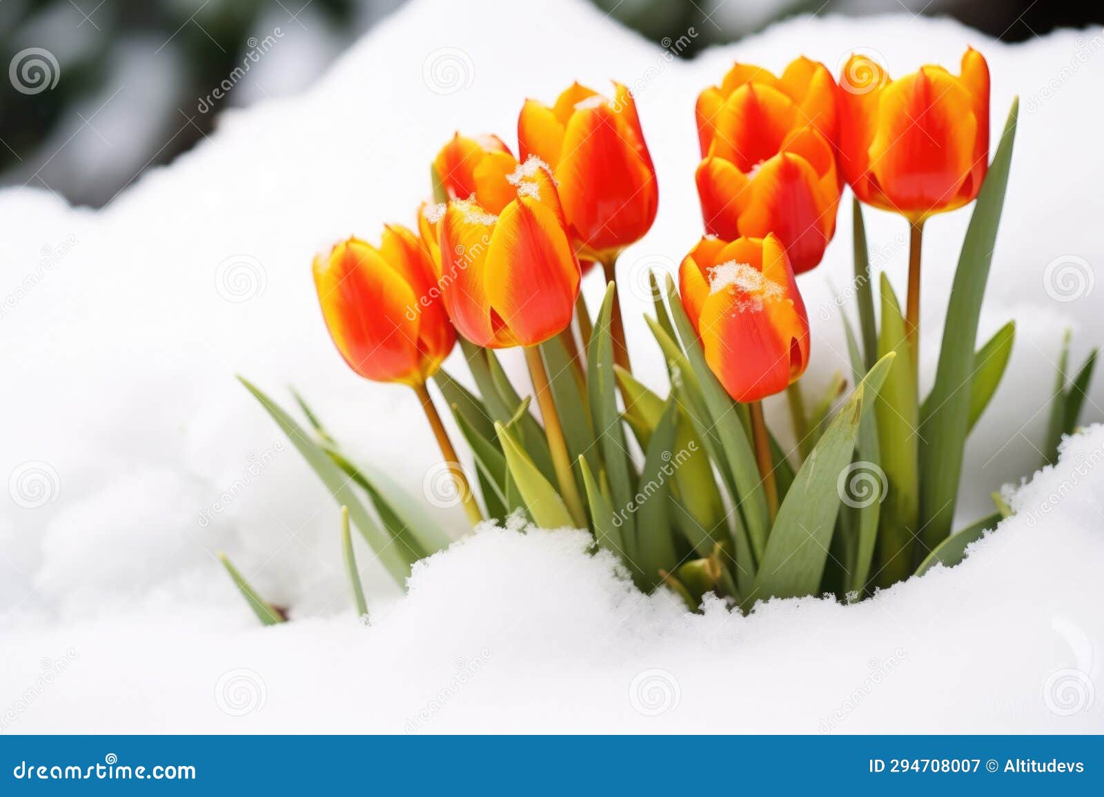 A Cluster of Bright Tulips Emerging from Snowy Ground in Spring Stock ...