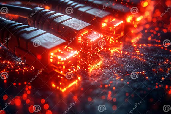 Cluster of Glowing Red Cables Connected To a Network System Visualizing ...