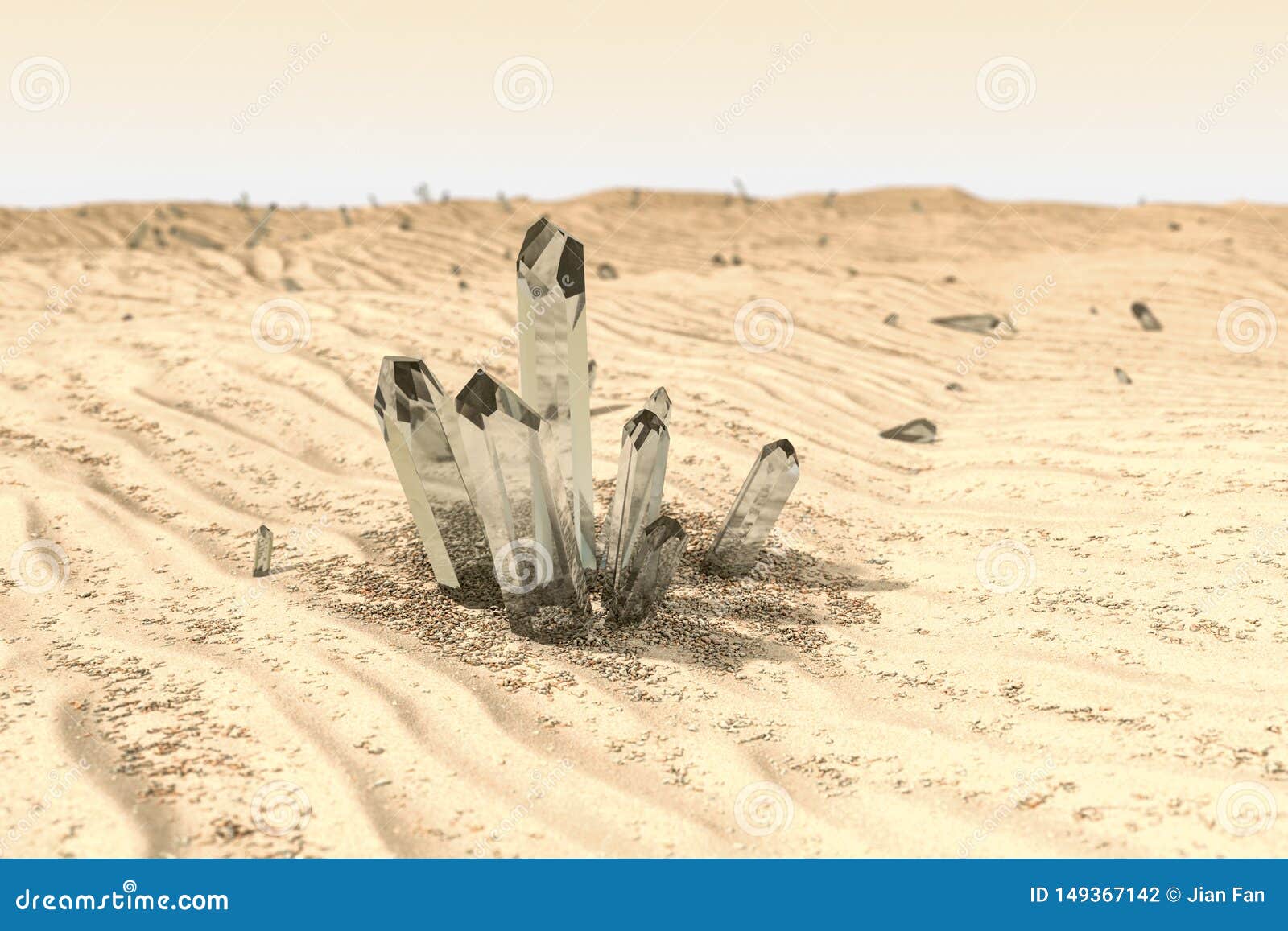 A Cluster of Magic Crystal Gather Together in the Desert, 3d Rendering ...