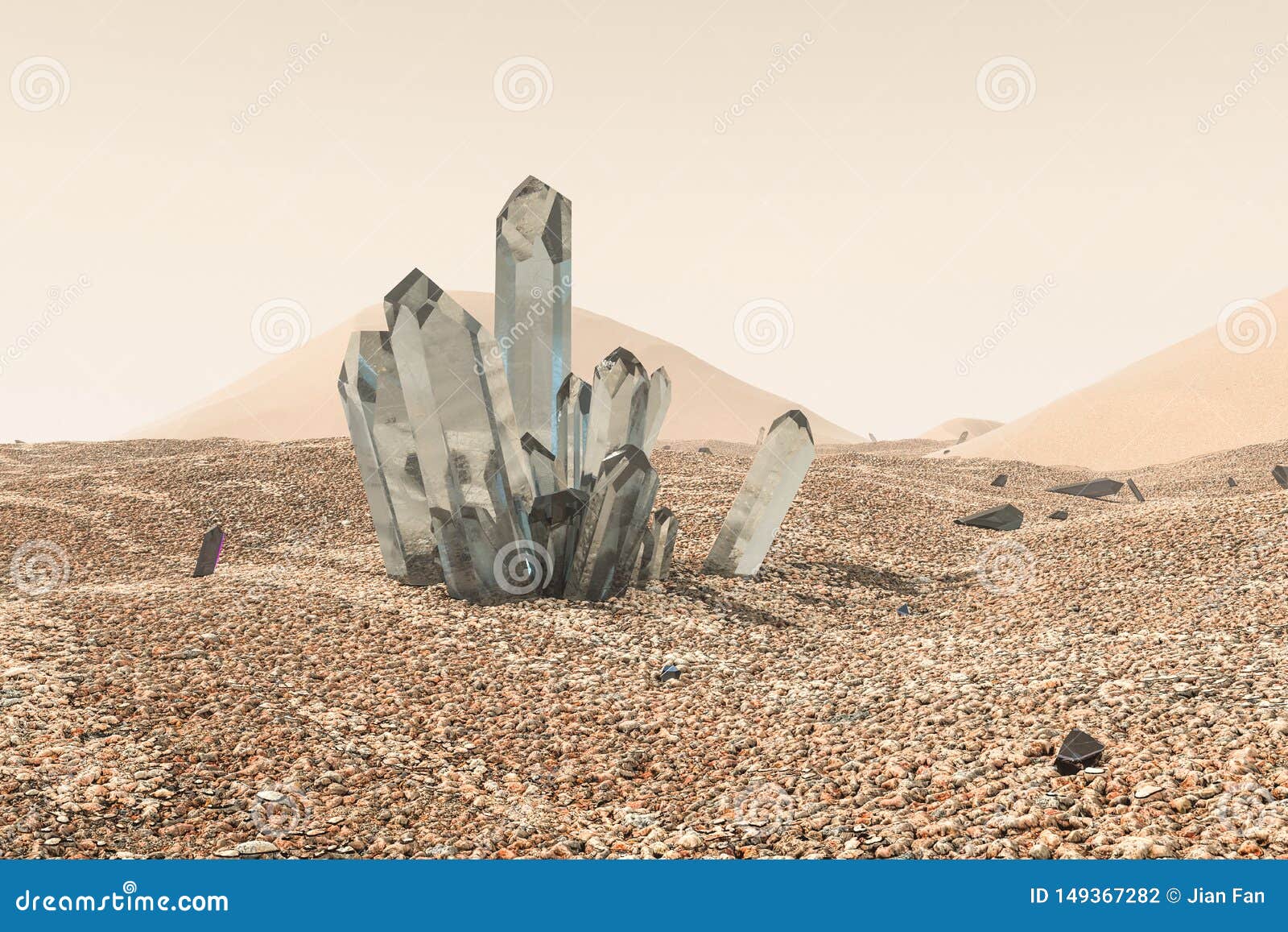 A Cluster of Magic Crystal Gather Together in the Desert, 3d Rendering ...